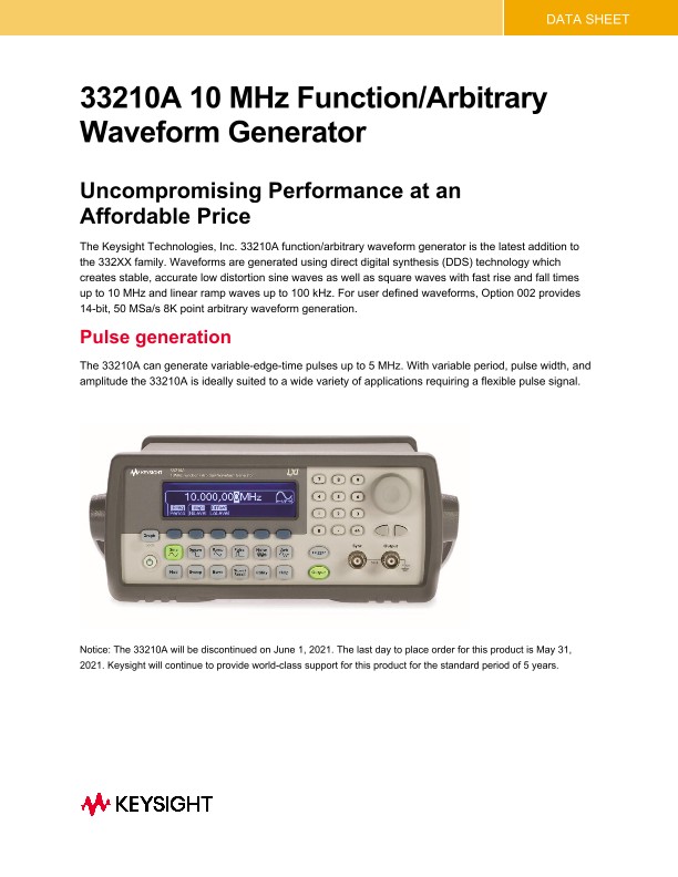 33210A 10 MHz Function/Arbitrary Waveform Generator PDF Asset Page | Keysight